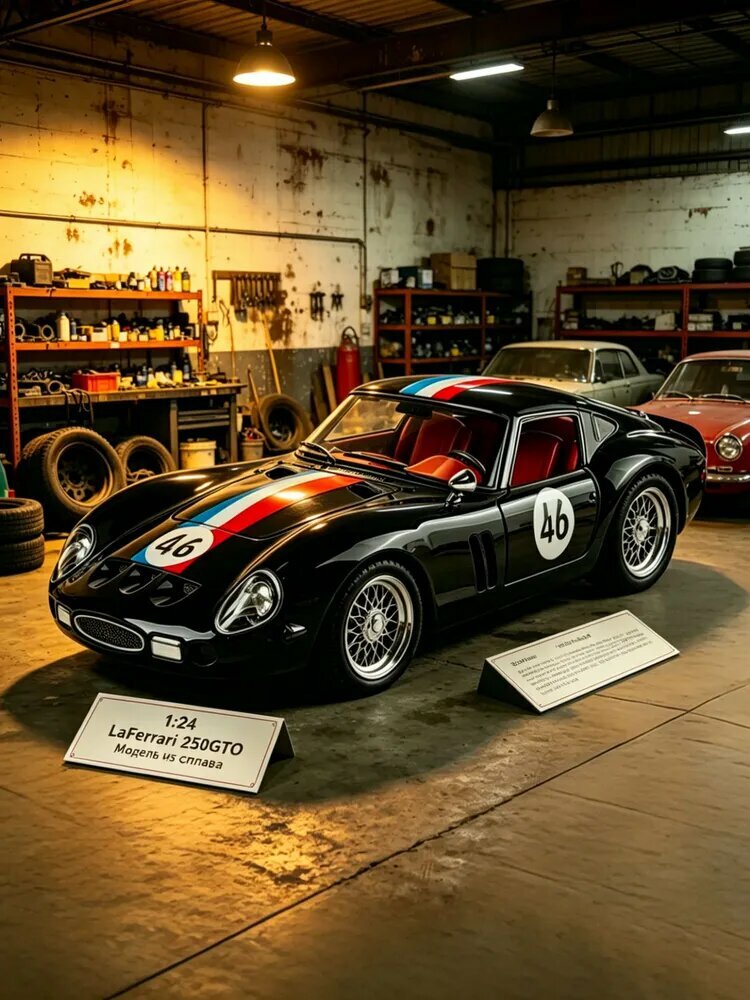 Литая модель Ferrari 250 GTO 1:24 Классический гоночный автомобиль, звук и свет, инерционный ход (без коробки)