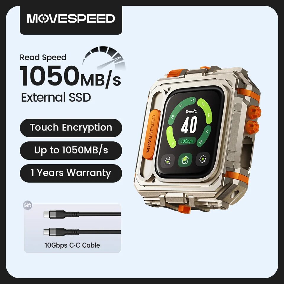 Внешний SSD MOVESPEED GD10 1050MB/c 2TB 1TB с сенсорным экраном, шифрованием, USB3.2 Gen2 Type C для iPhone 15/16, PS4, PS5, ПК