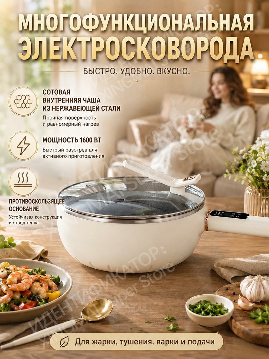 Электросковорода с сотовой внутренней чашей, мощность 1600 Вт, быстрый разогрев, универсальна для жарки, тушения и варки блюд на кухне