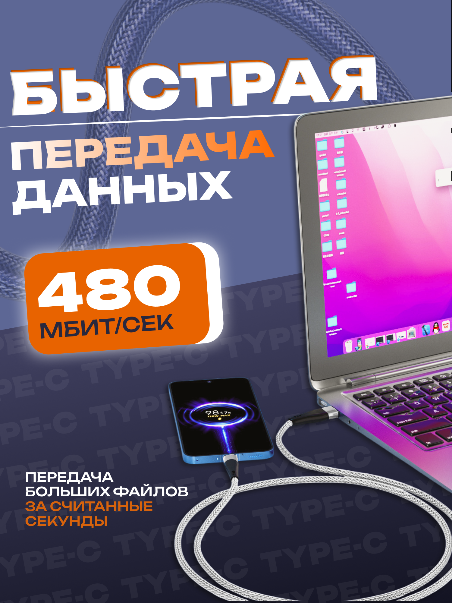 Кабель USB-Type-C, 120W, 480 Mbps Передача данных, Поддержка SuperCharge 120W