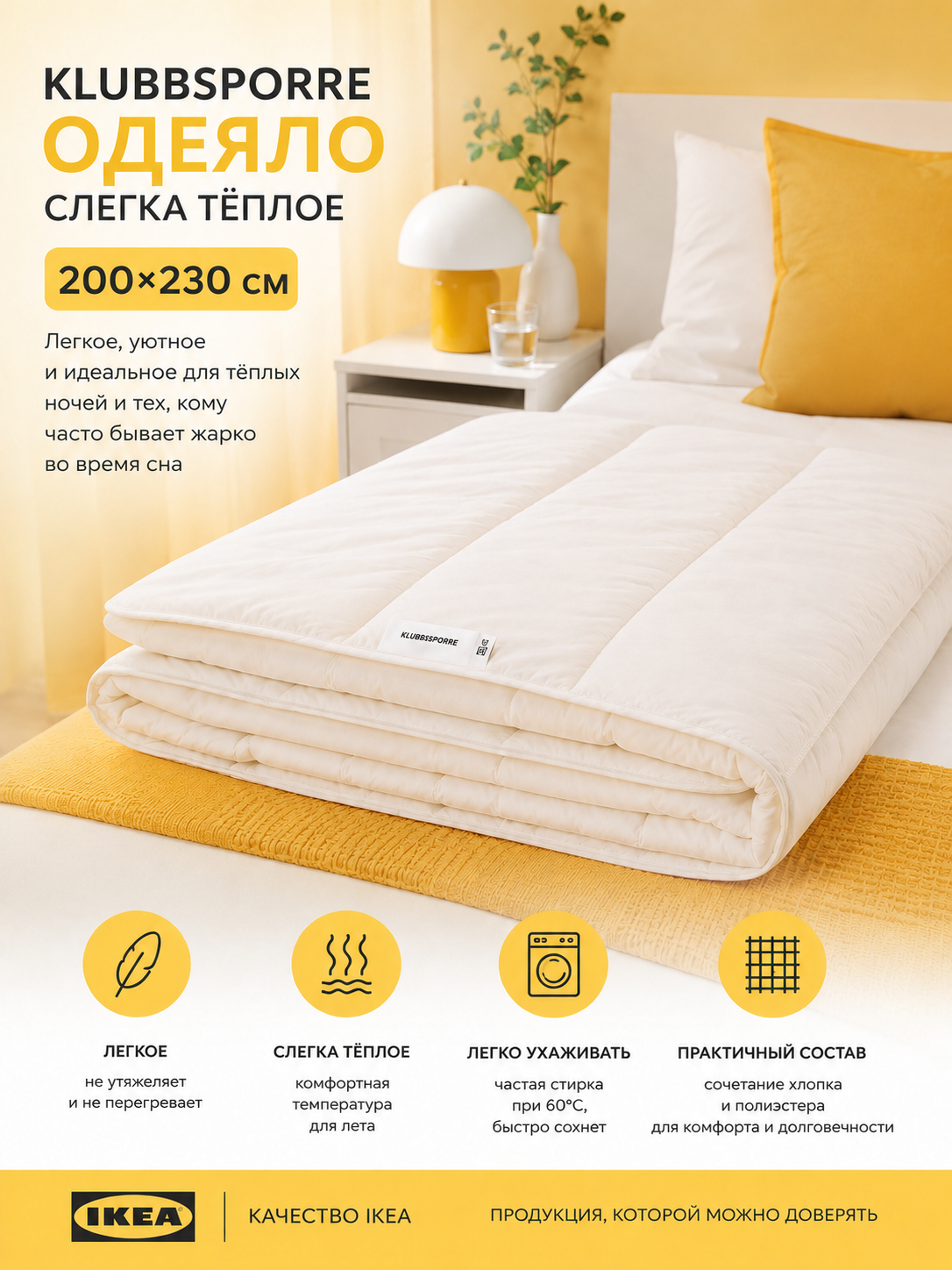 Одеяло двуспальное спальное Смоспорре SMASPORRE IKEA 200х230 см, всесезонное, легкое
