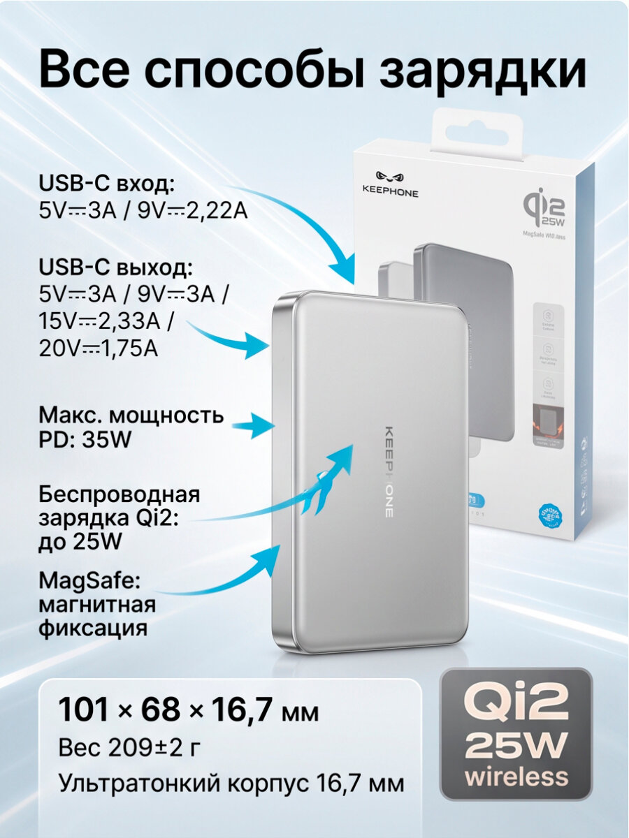 Внешний аккумулятор KEEPHONE SHANKS 10000 Magsafe титан