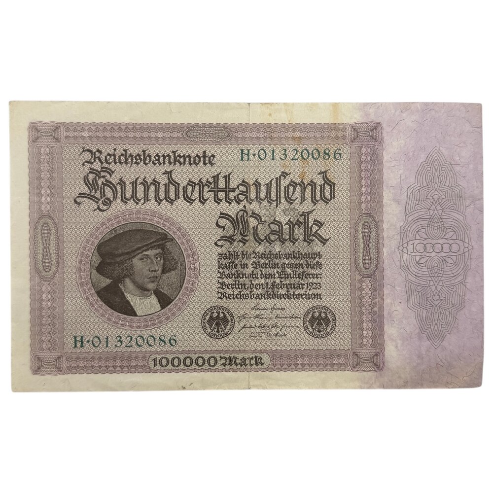 Веймарская республика (Германия) 100000 марок 1923 г. (01.02) (Без литеры) (Серия H)