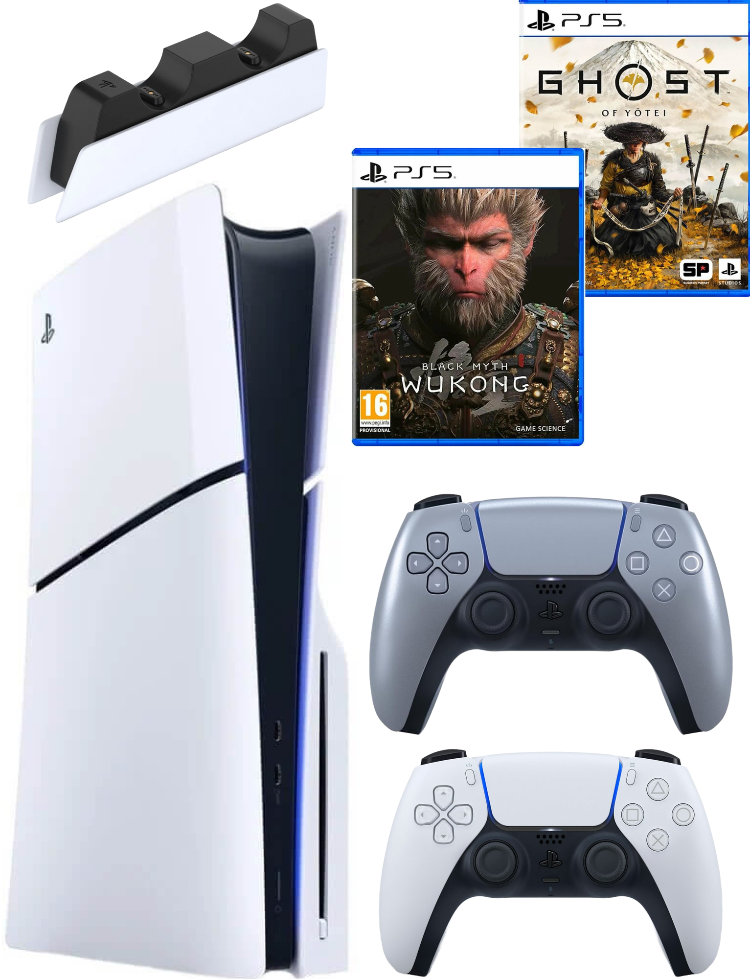 Игровая приставка Sony PS 5 Slim, 1ТБ(с дисководом)+2 геймпад(silver)+Зарядная станция+Комплект из 2 игр