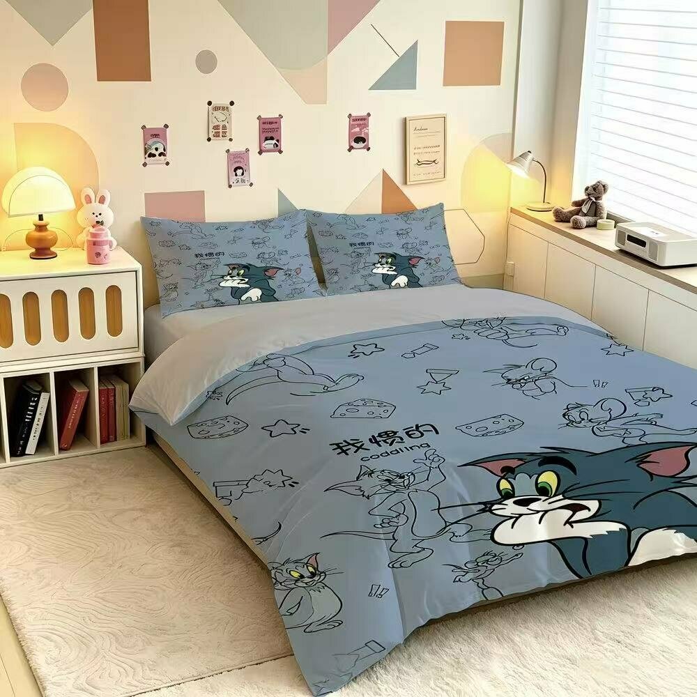 Комплект постельного белья MINISO "Том и Джерри", 200x230 см，4 предмета，тёмно-серый，кровать ，1,8 метра
