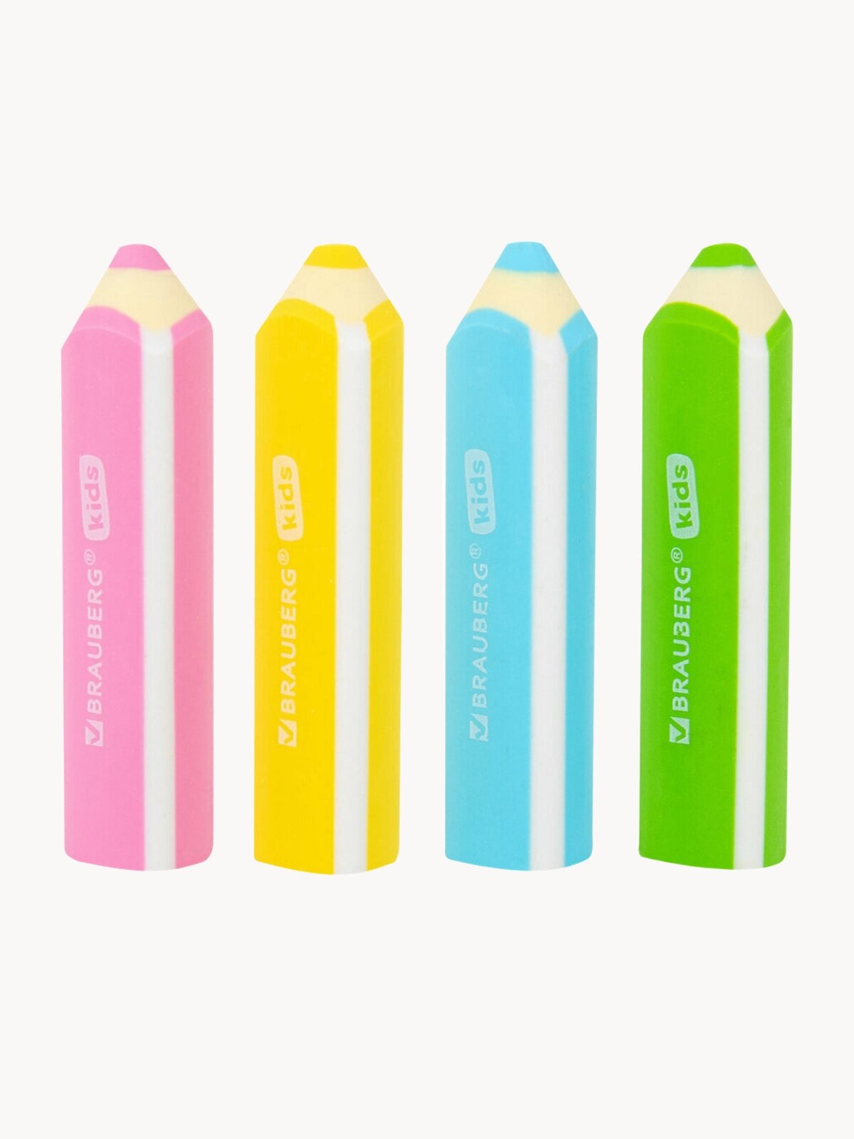 Ластик школьный фигурный набор 4 штуки, стирательная резинка, стерка канцелярская для карандаша, яркие цвета ассорти, Brauberg Kids, 271996