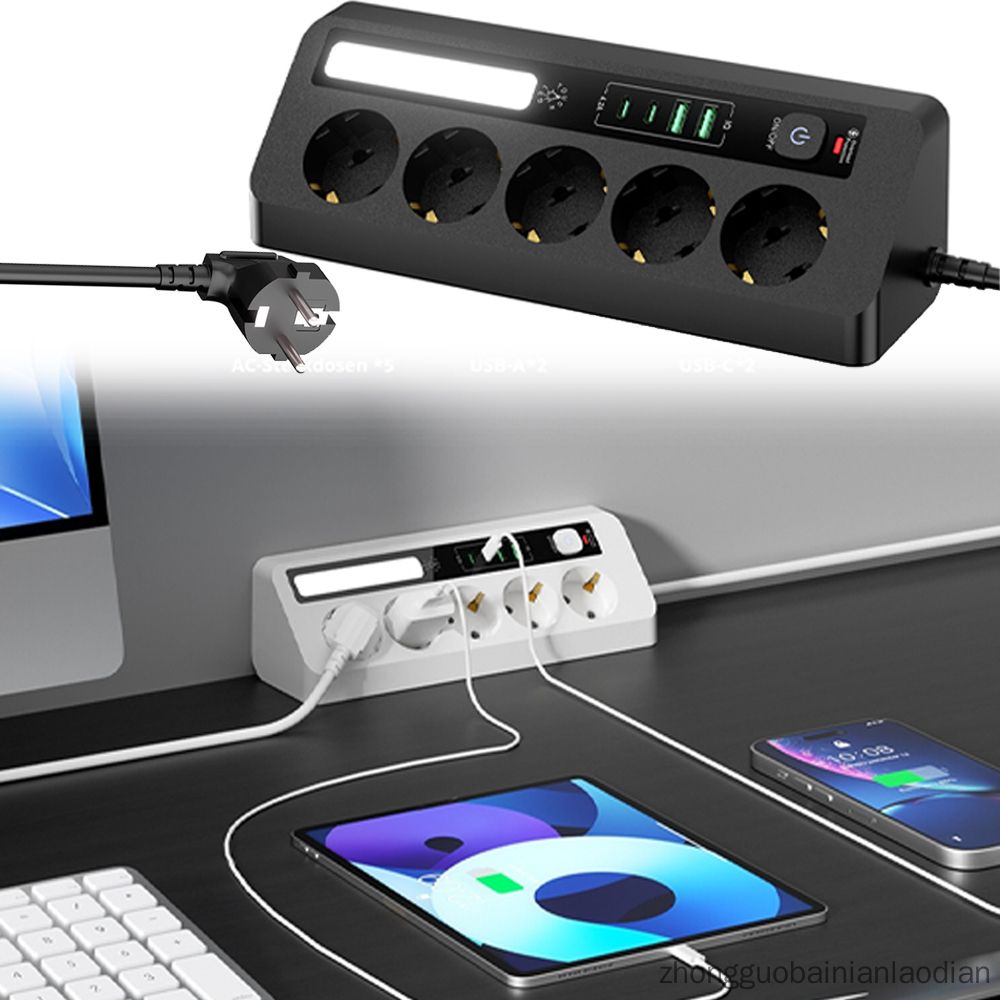 Разветвитель электрический/Сетевой фильтр настольный, 5 розетки + 2 USB и 2 TYPE-C, кабель 1.8м, индивидуальные выключатели