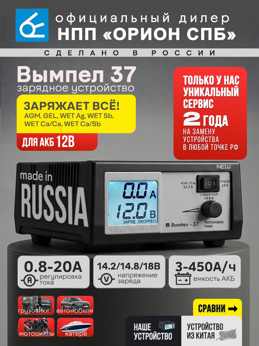 Зарядное устройство для аккумуляторов автомобиля Вымпел 37 цифровой амперметр ( 14.1В , 14.8В ,18В, 0,8-20А)