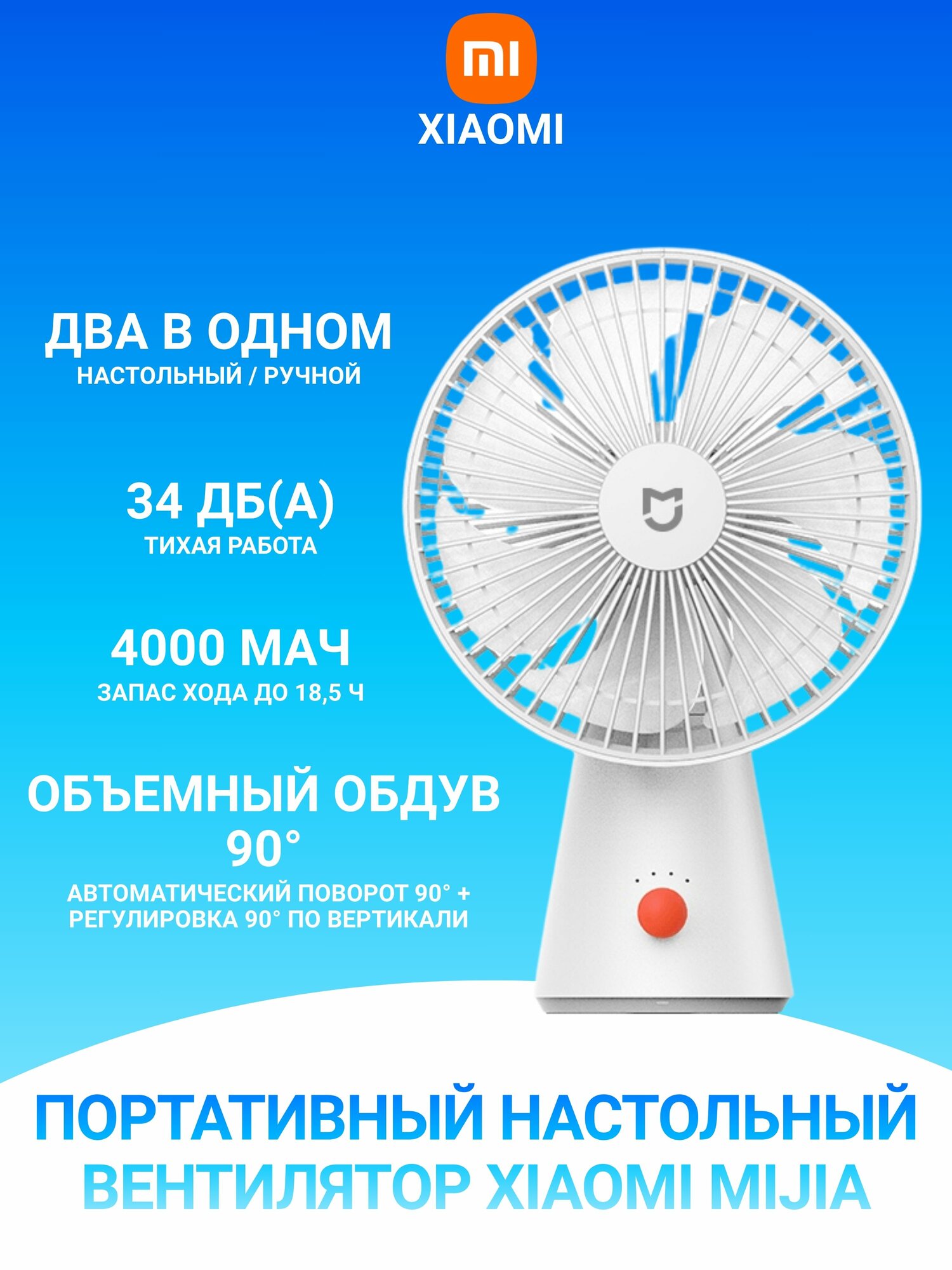 Портативный настольный вентилятор MiJia, аккумулятор 4000 мАч, 4 скорости