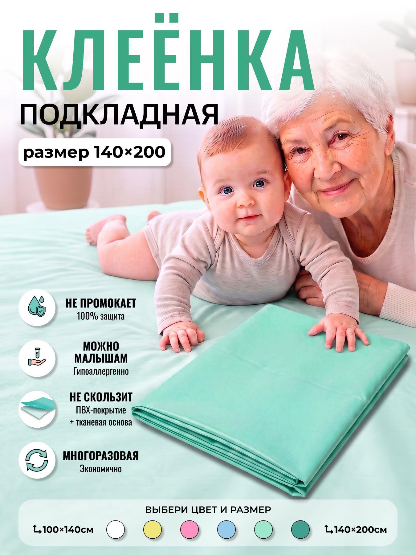 Клеенка медицинская непромокаемая, пеленка подкладная, многоразовая, на тканевой основе, 200х140 см