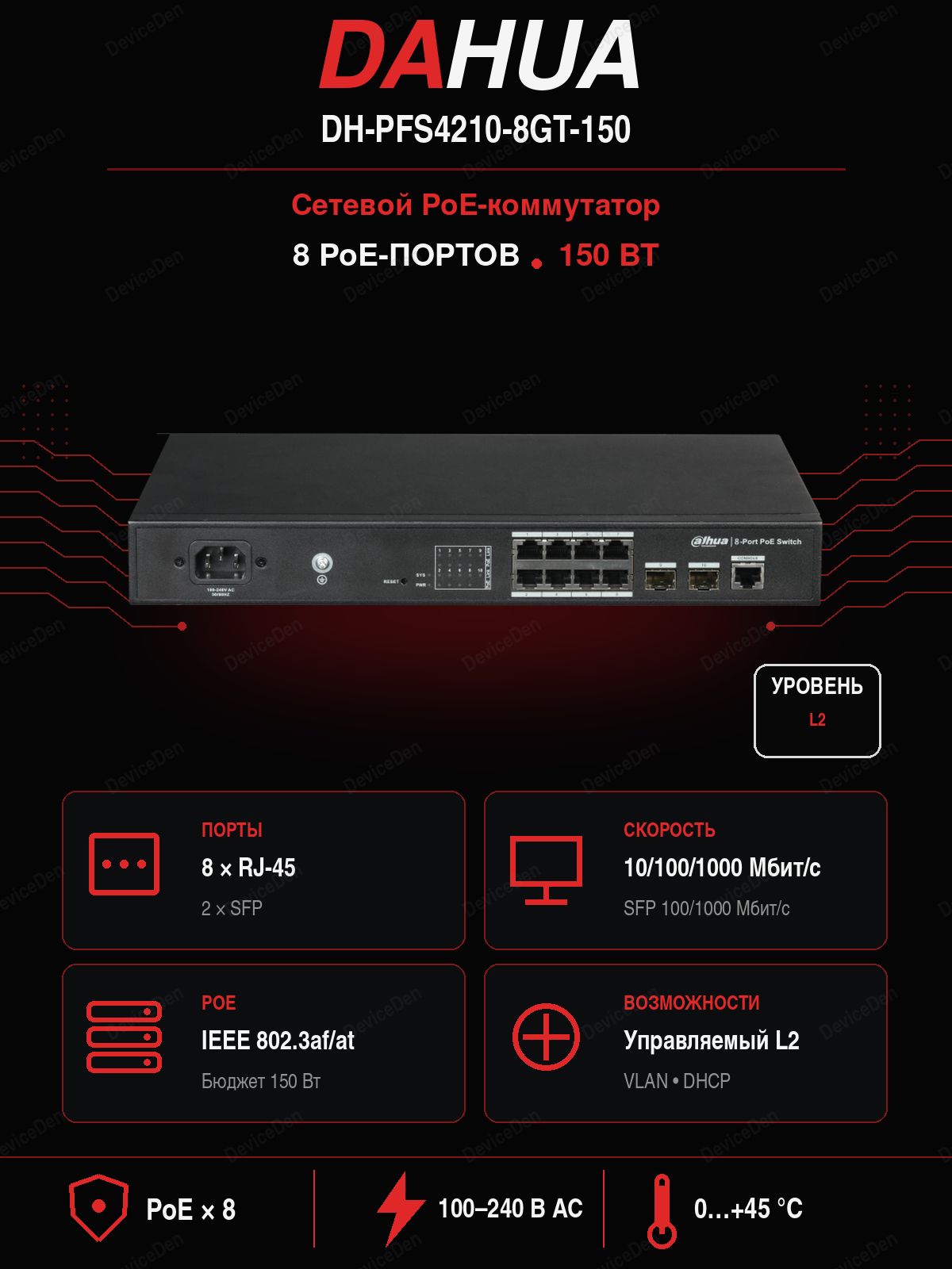 Dahua DH-PFS4210-8GT-150 управляемый PoE-коммутатор