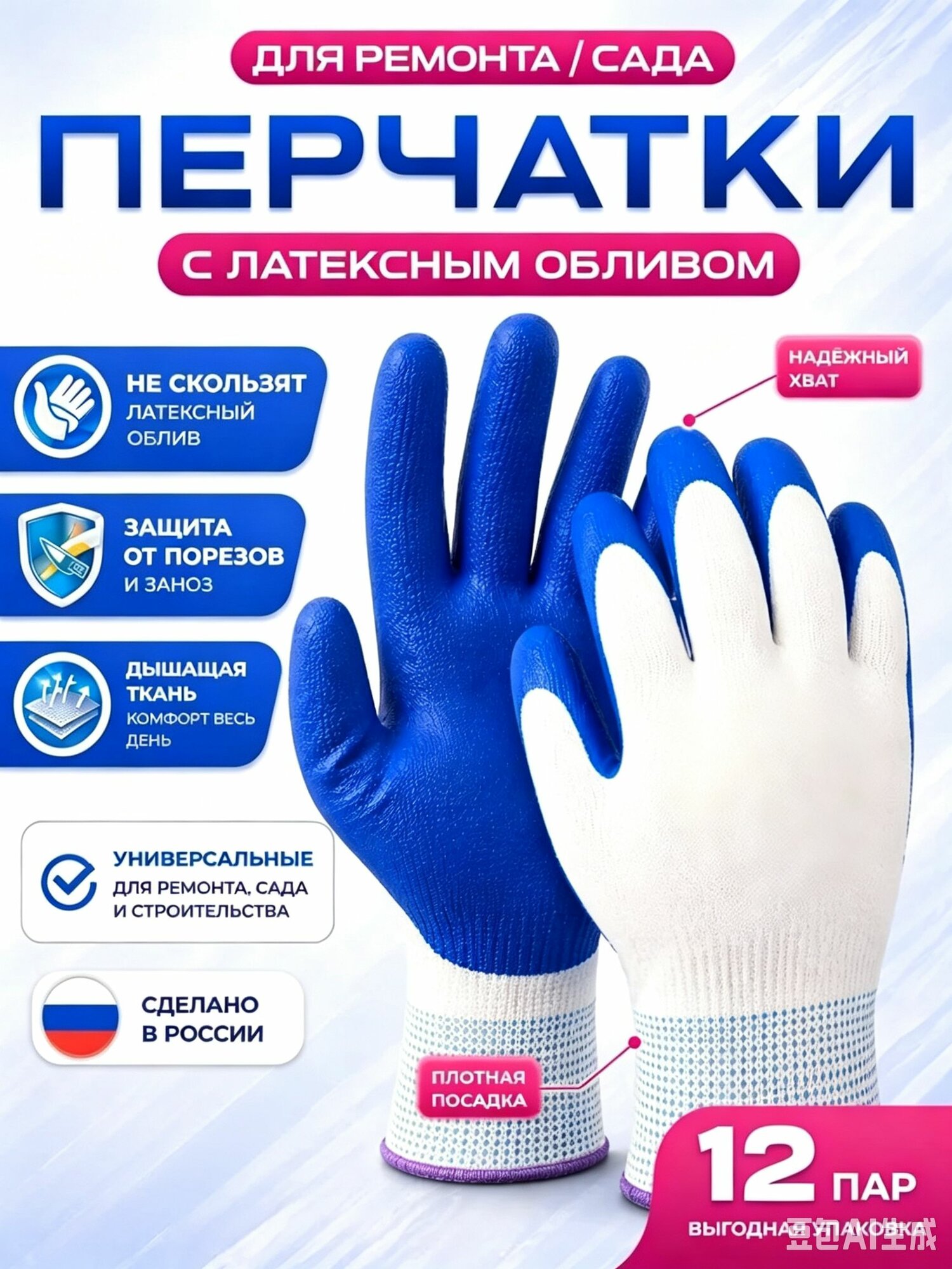Перчатки рабочие прорезиненные хозяйственные садовые 12 пар