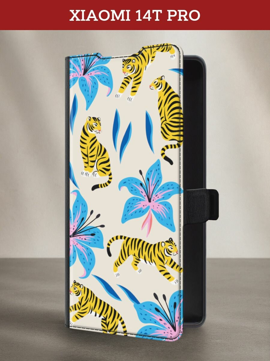 Чехол-книжка на Xiaomi 14T Pro / Сяоми 14 Т Про с принтом Пять тигров, черный