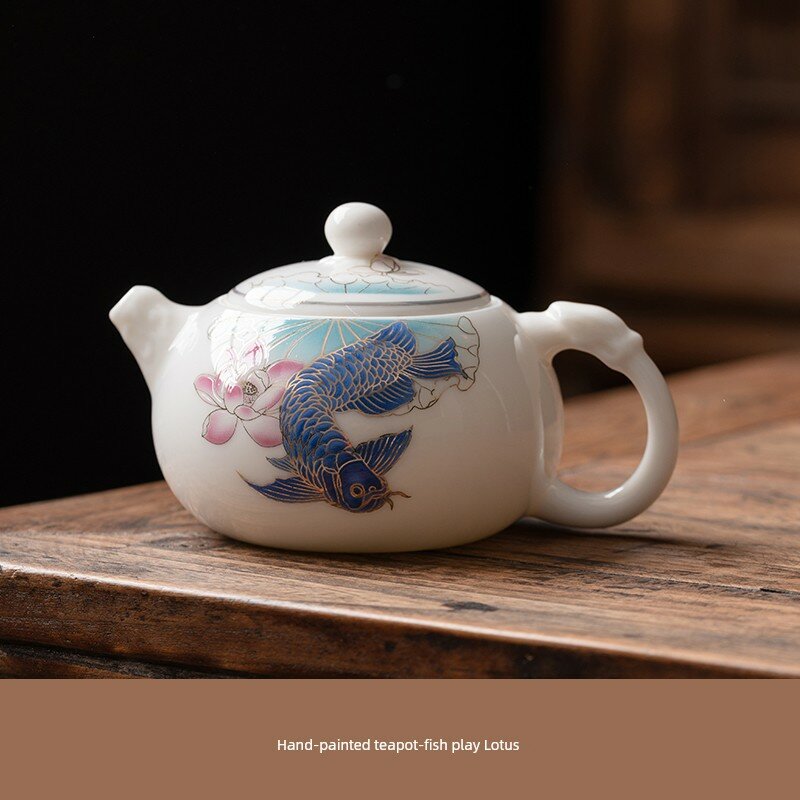 Ручная роспись: чайник с рыбой и лотосом, 190 мл, традиционная китайская керамика