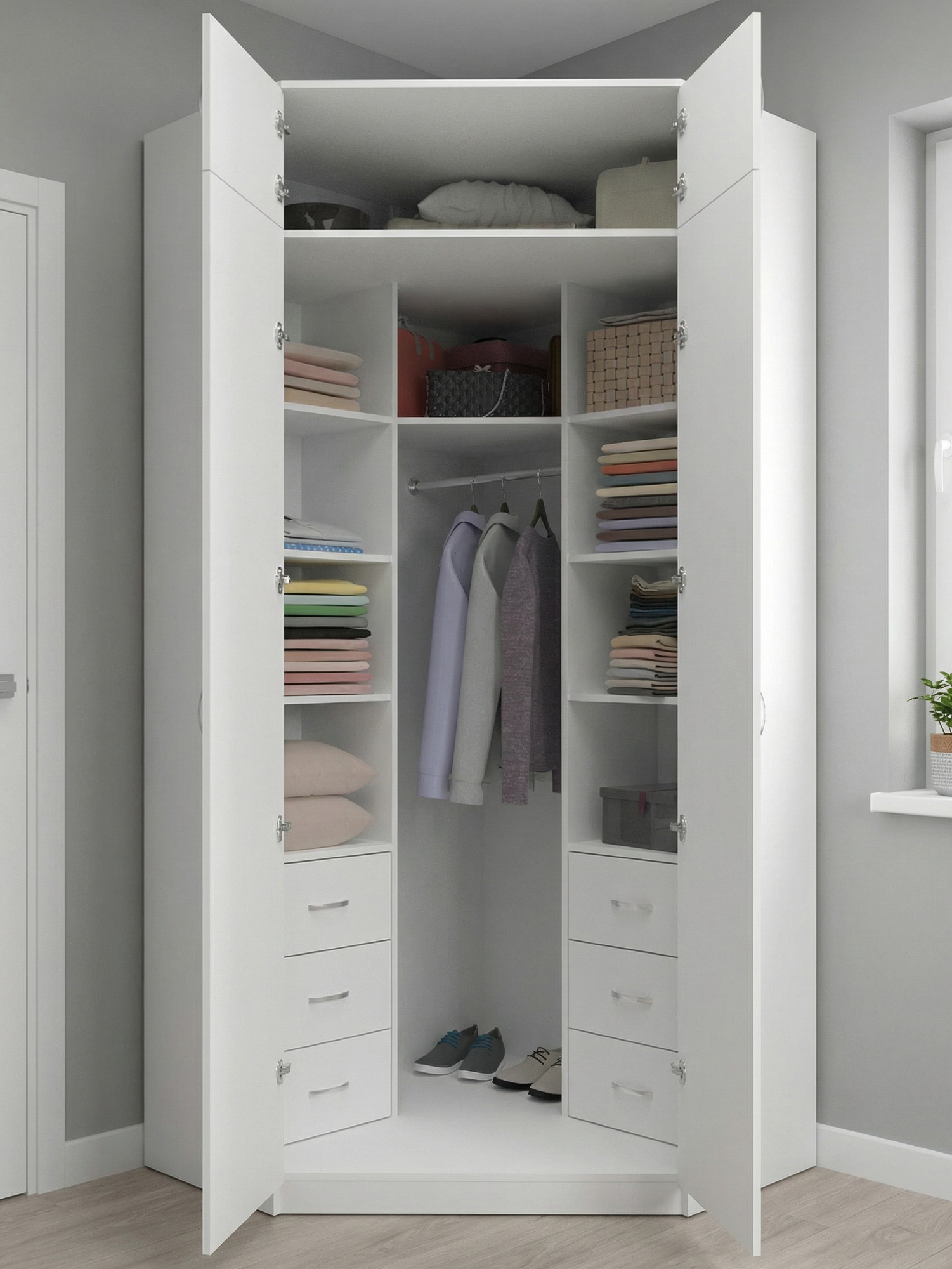 Шкаф угловой распашной Анри-13 с антресолью, 6 ящиками, 9 полками и штангой для вешалок, белый