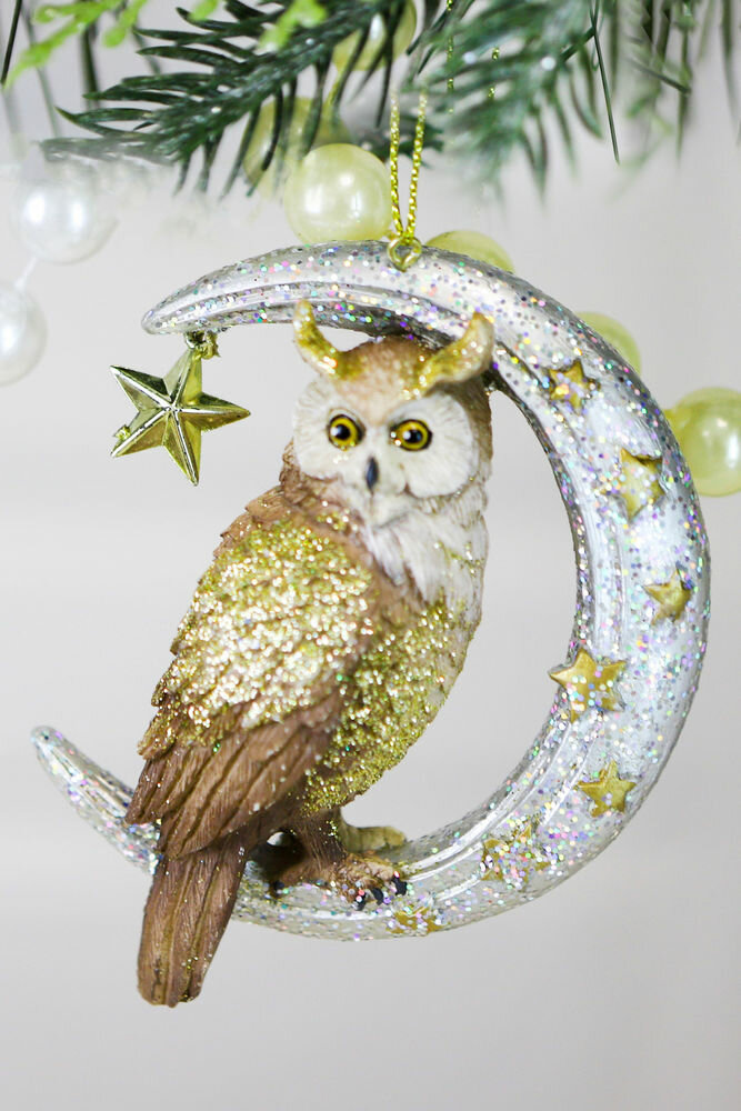 Ёлочная игрушка сова И серебряный месяц, полистоун, 10 см, Kurts Adler E1038-2