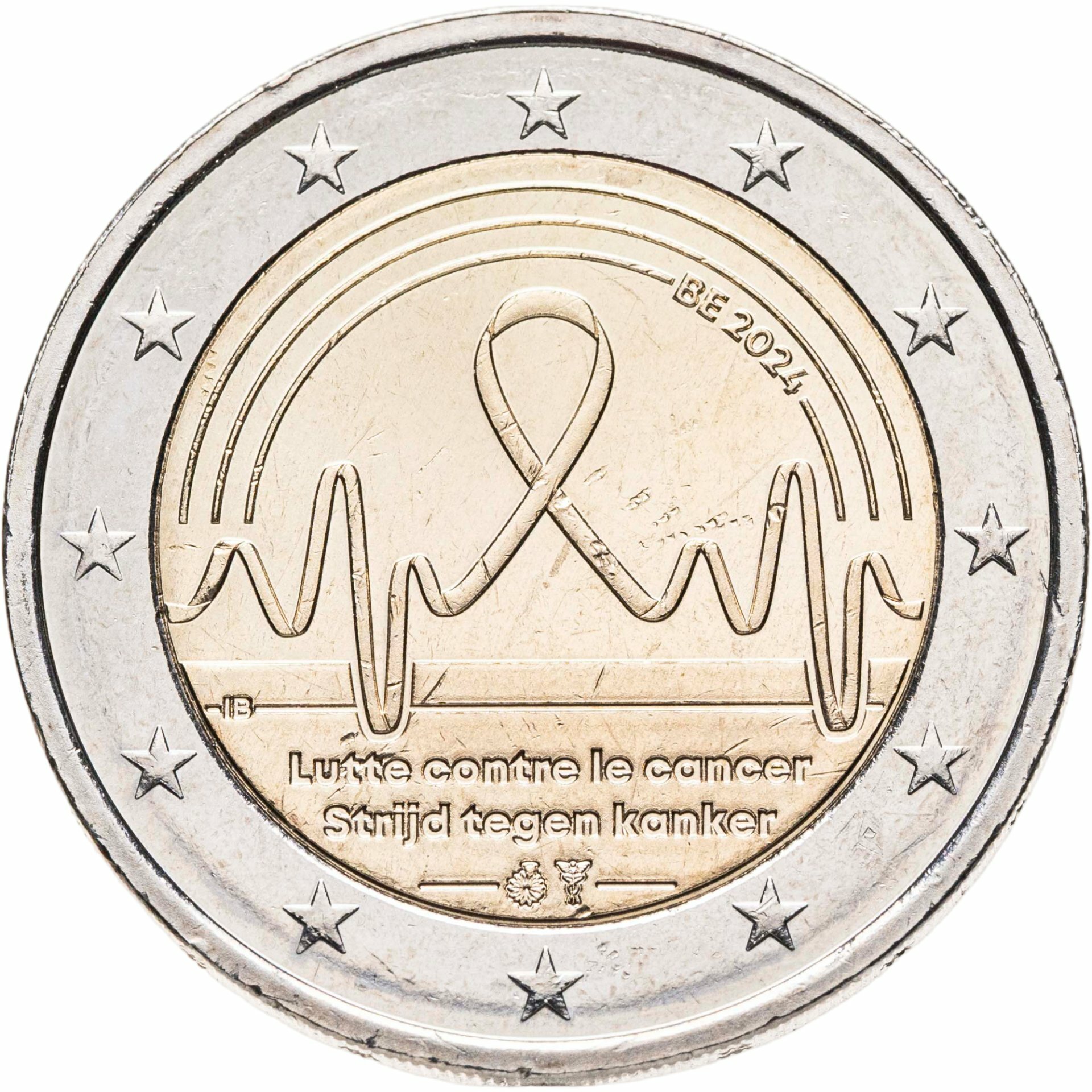 Бельгия 2 евро 2024 "Борьба с раком в Бельгии", Биметалл, в сохранности UNC