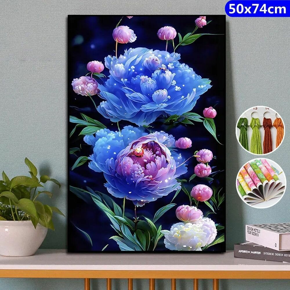 Эксклюзивный комплект для вышивки крестиком с роскошным голубым пионом, 11CT, полная зашивка холста 50x74 см, без рамки и подрамника