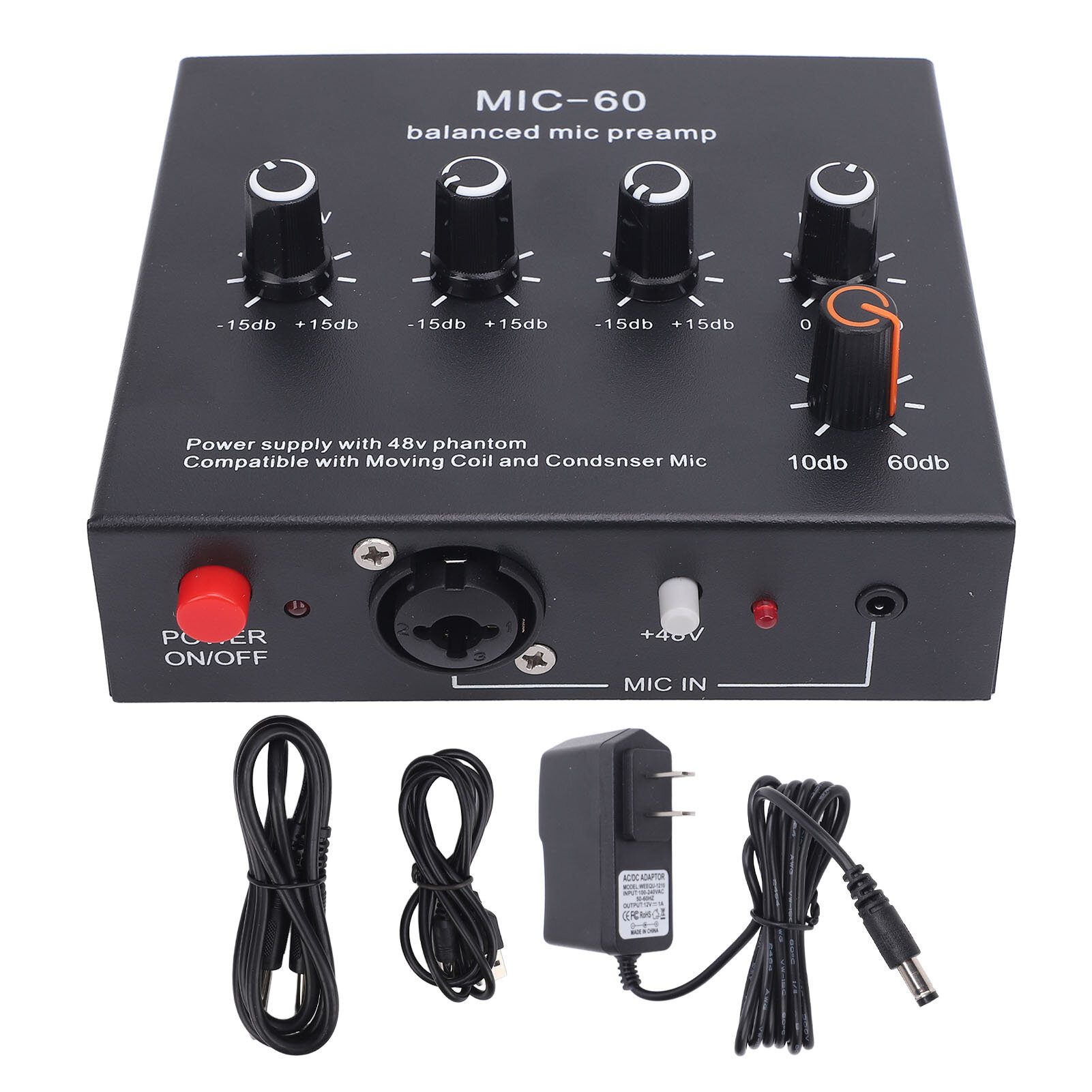 Микрофонный предусилитель, усилитель звука с 3 входами, усиление 60 дБ, фантомное питание 48 В, динамический микрофонный предусилитель для домашней записи и потокового вещания