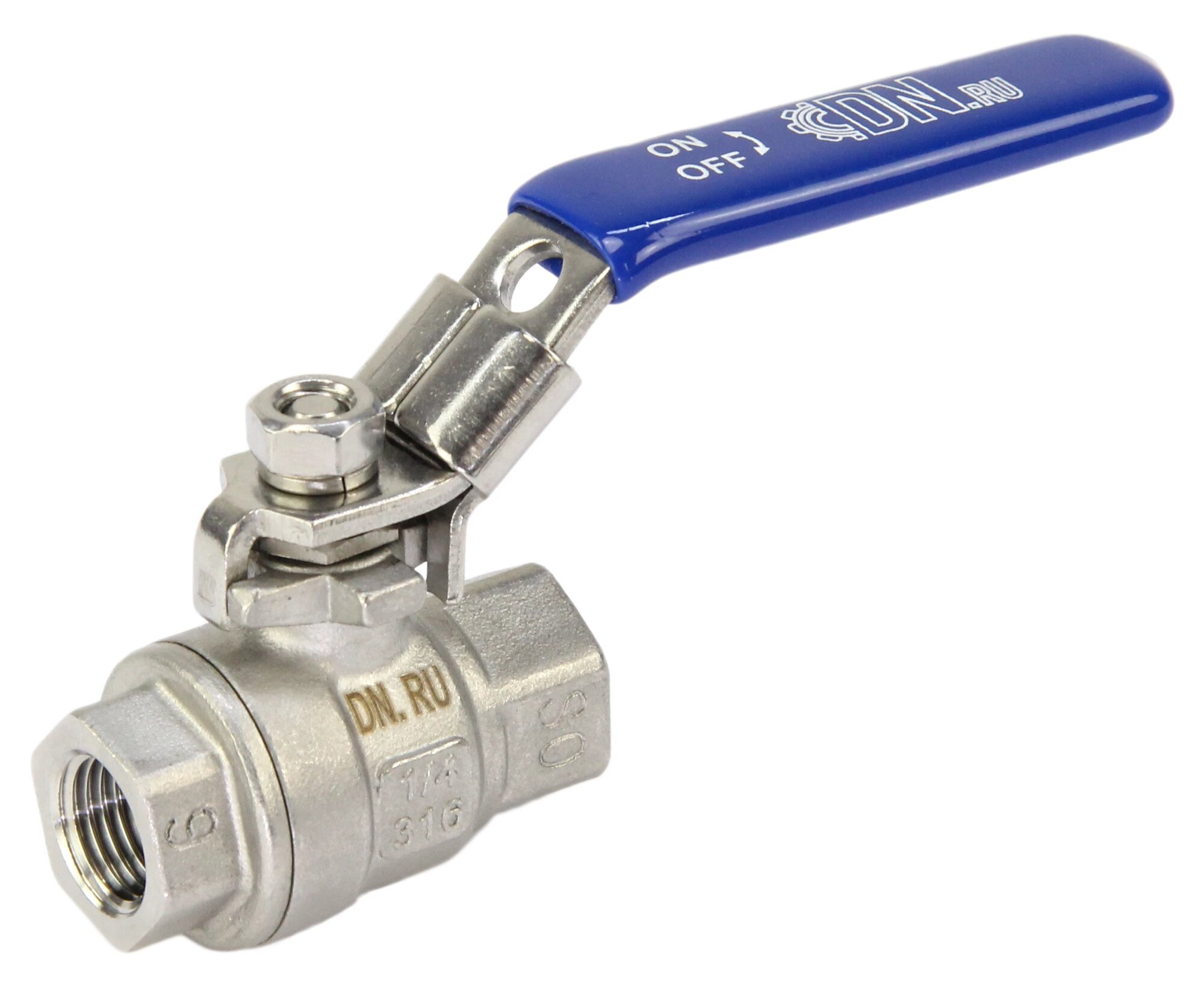 Кран шаровой DN.ru кшмп.316.230 1/4ʺ Ду8 Ру63 полнопроходной двухходовой, нержавеющая сталь SS316, внутренняя резьба, уплотнение - PTFE, ручка-рычаг
