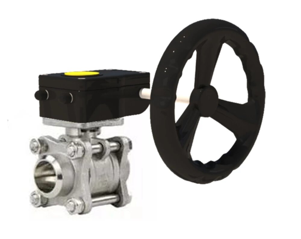 Кран шаровой DN.ru кшпп 316.200-ISO Ду80 Ру25 полнопроходной двухходовой, нержавеющая сталь SS316, под приварку, уплотнение - PTFE, с ISO фланцем и редуктором DN. ru HAM-1