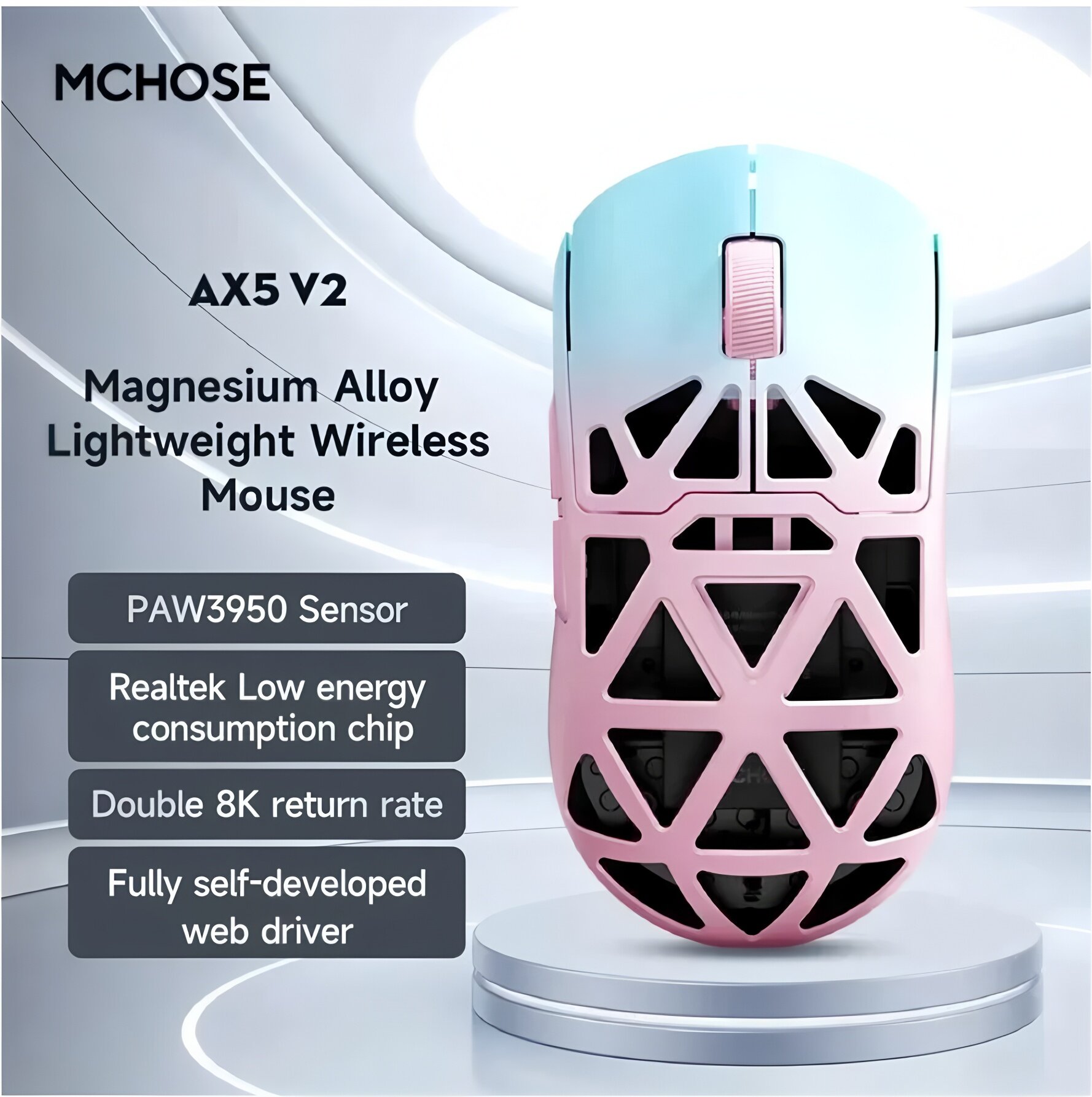 Мышь игровая MCHOSE AX5 V2, беспроводная, PAW3395 сенсор, 8К, розовая
