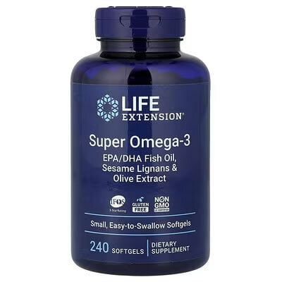 Life Extension Super Omega-3, 240 капсул с полифенолами оливы, для здоровья сердечно-сосудистой системы