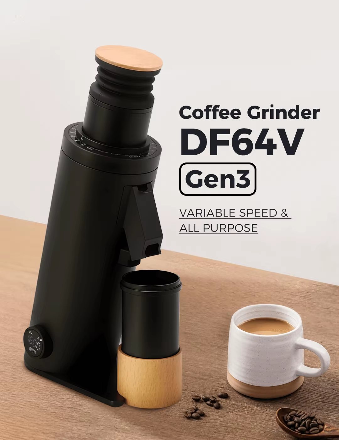 Электрическая кофемолка DF64V 3-го поколения с регулируемой скоростью, черная, с kрасный титан жернов (Red Ti）