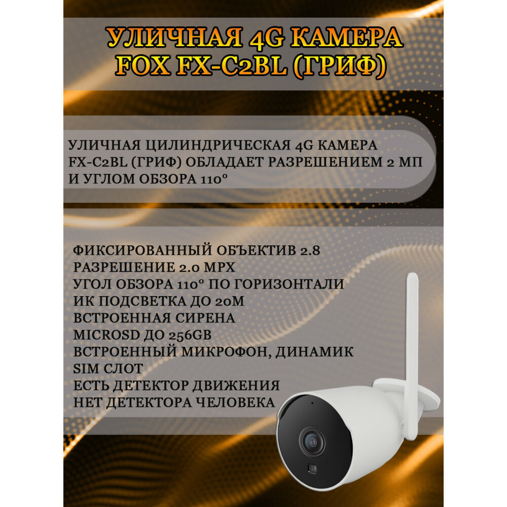 Уличная 4G камера Fox FX-C2BL (Гриф) 2МП 1920x1080 двусторонняя аудиосвязь, угол 110гр, ИК до 20м, microSD, SIM слот, Детектор движения
