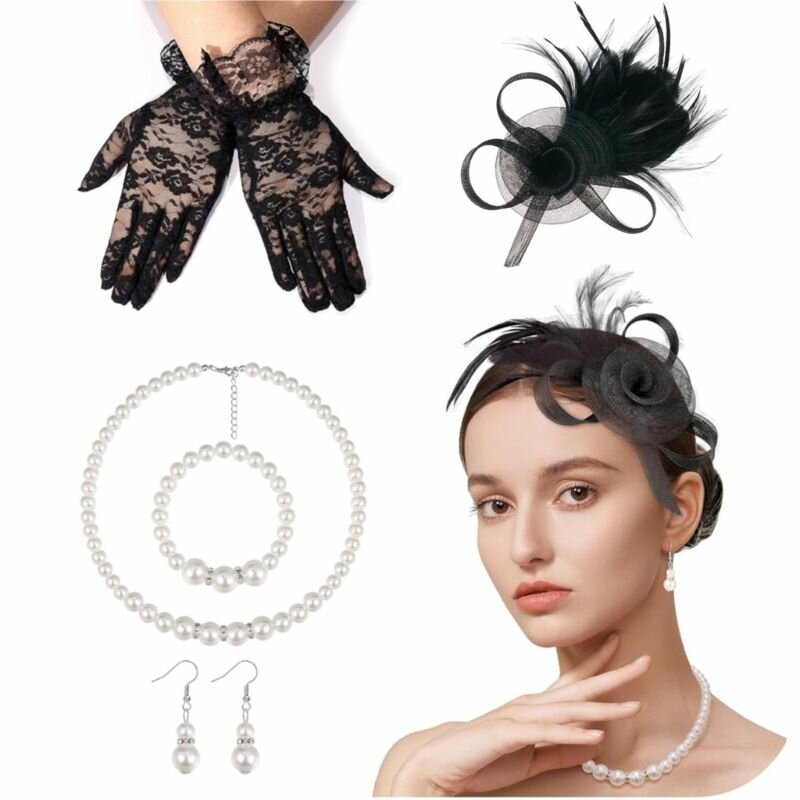 Набор из 7 предметов, повязка на голову с цветами перьев, перчатки, ожерелье-белый