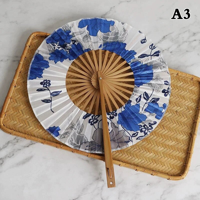 Бамбуковый складной веер с цветочным узором Синий, A3