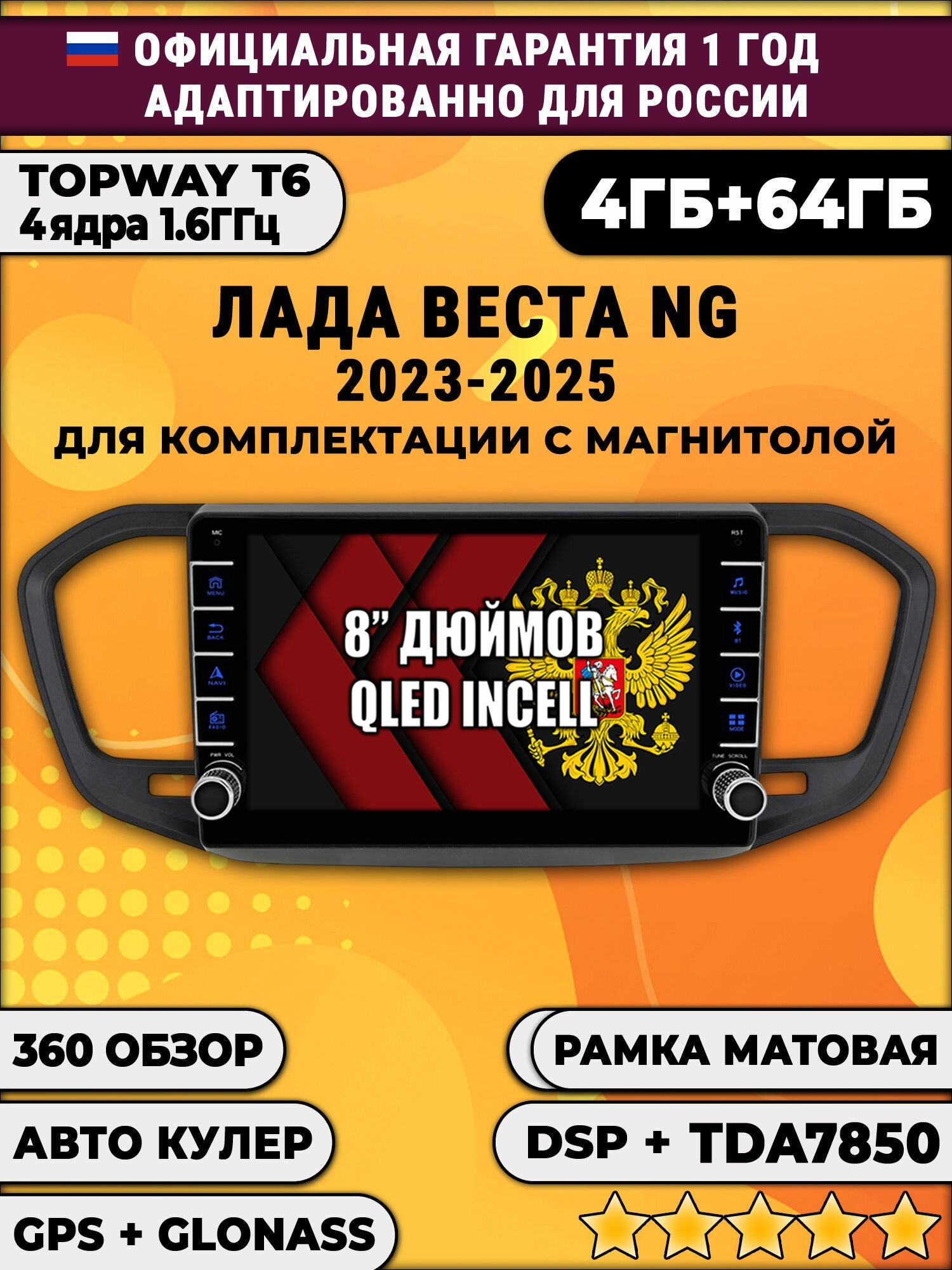 4гб+64гб с DSP и 360 для лада веста новая / LADA VESTA NG (2023 2024 2025), на комплектацию с магнитолой, рамка черная матовая, Android магнитола с DSP