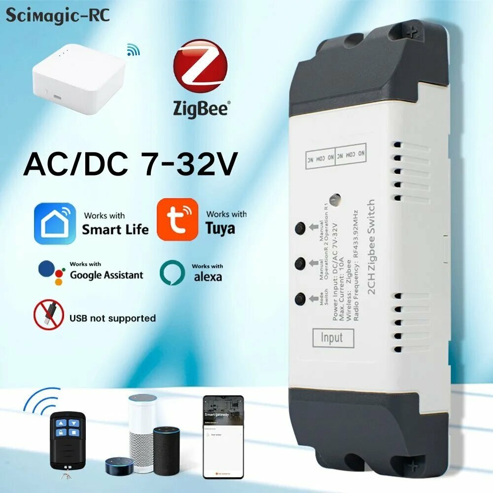 Умный переключатель 2CH реле Zigbee Tuya беспроводной Wifi переключатель модуль двигателя DC7-32V 2200W RF приемник 10A wifi реле для Alexa DIY