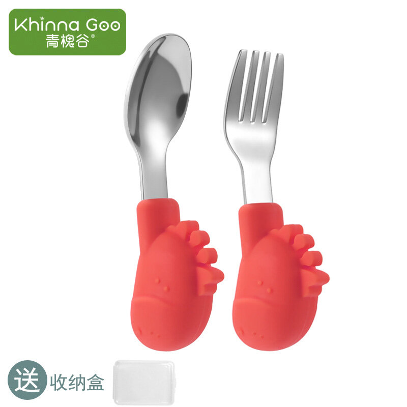 Вилка и ложка из нержавеющей стали Qinghuai Valley для обучения еде, короткая ручка, детская посуда, тренировочная вилка и ложка для детского питания
