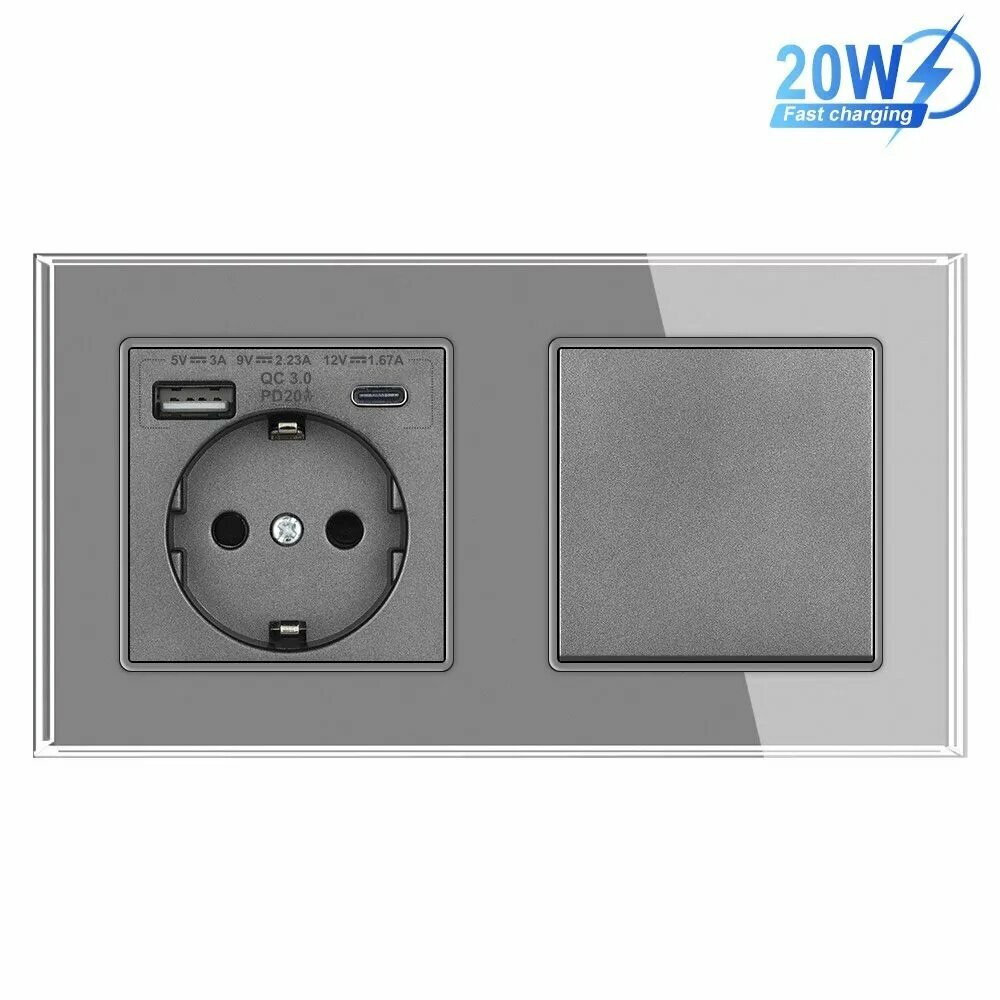 Выключатель с розеткой с USB и type-C, быстрая зарядка 20W, 1 клавиши 1 розетка , 2 поста рамка стекло 153х82мм цвет Серый.