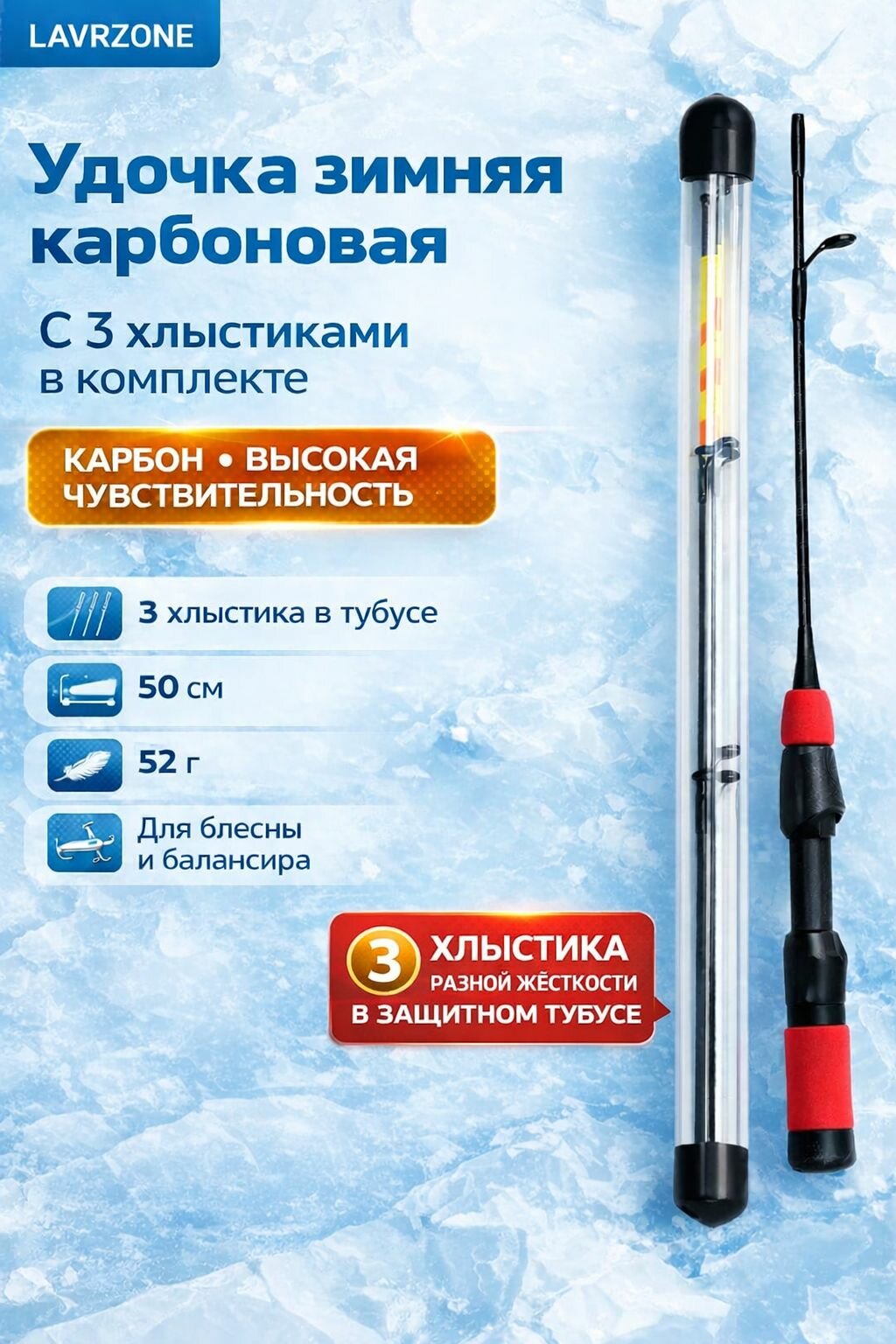 Удочка карбоновая зимняя штекерная LAVRZONE длина 50 см для зимней рыбалки с тремя сменными хлыстиками различной жёсткости