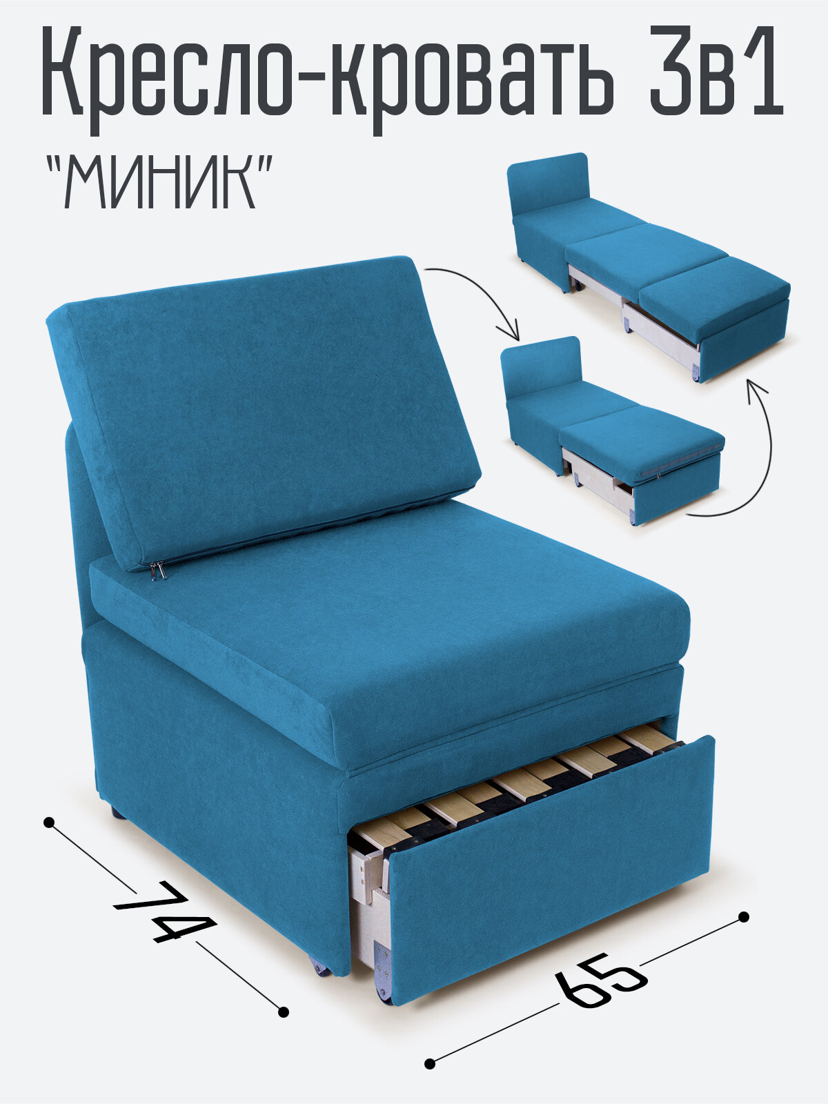 Кресло-кровать Миник 3в1: кресло, кровать, кушетка. 65х89х74 см, с ящиком, выкатной механизм трансформации, велюр Dream Denim