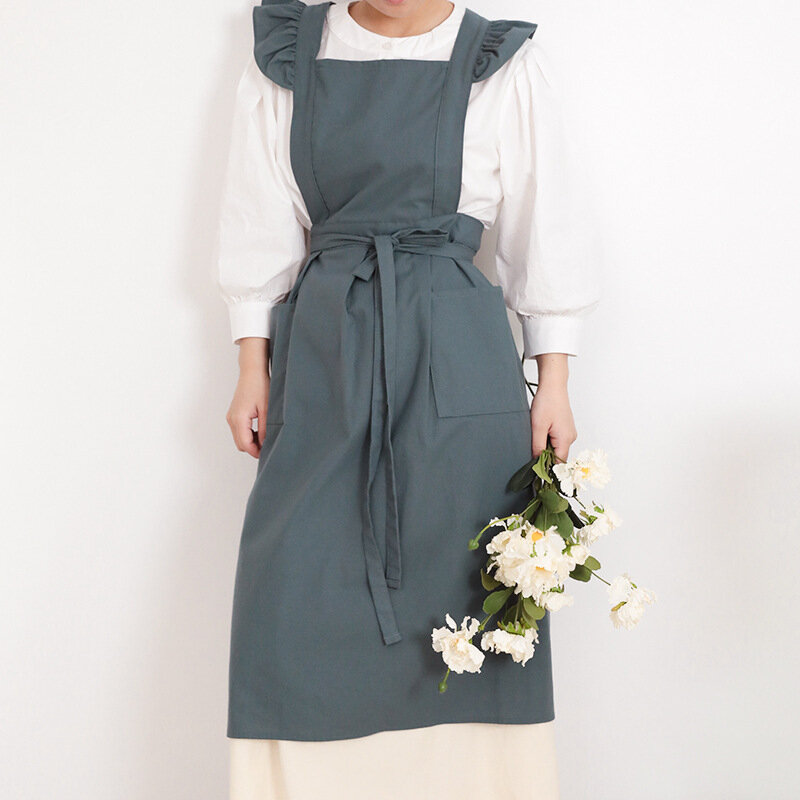Японский и корейский стиль фартука с рюшами на плечах для женщин, дышащий хлопок и лен, оптовая продажа, водонепроницаемый, для дома, выпечки, кухни, французский стиль фартука