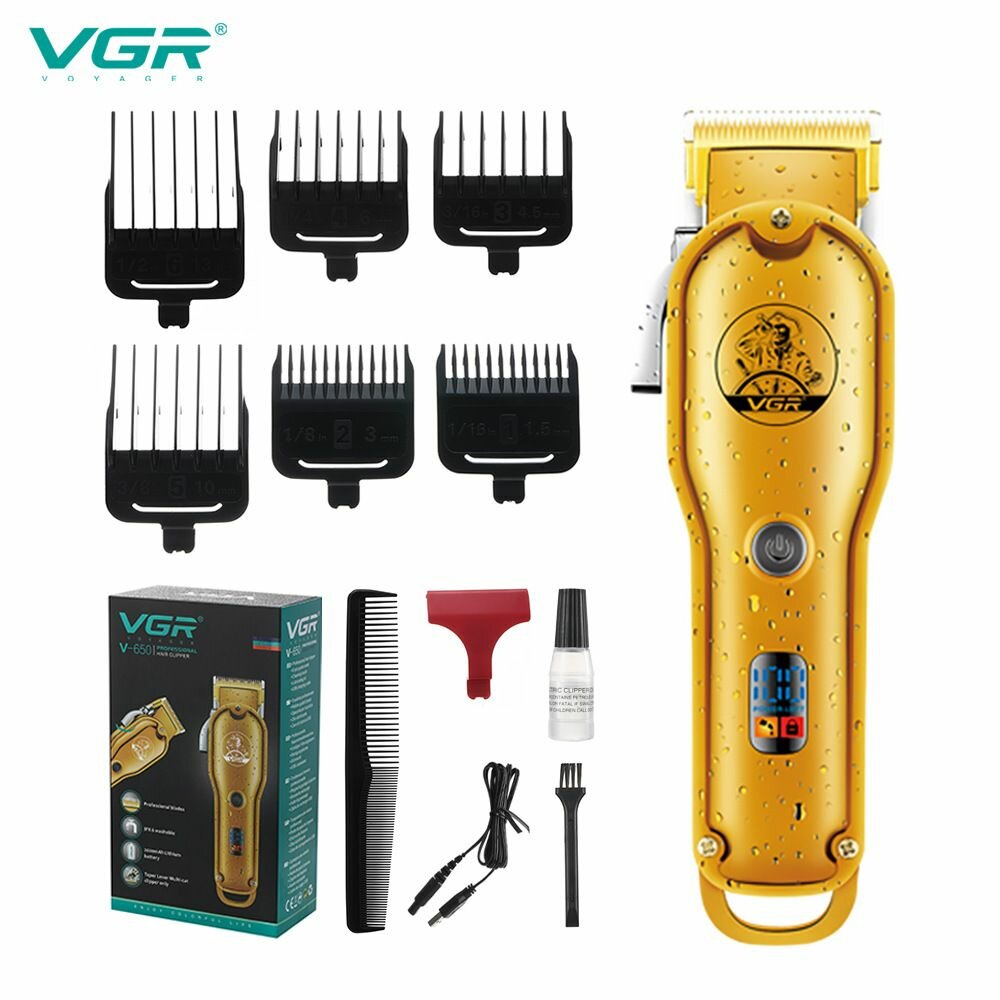 VGR Машинка для стрижки Водонепроницаемый трimmer VGR650 с LED-дисплеем для точной стрижки в стиле ретро, идеален для салонов и домашнего использования, золотой