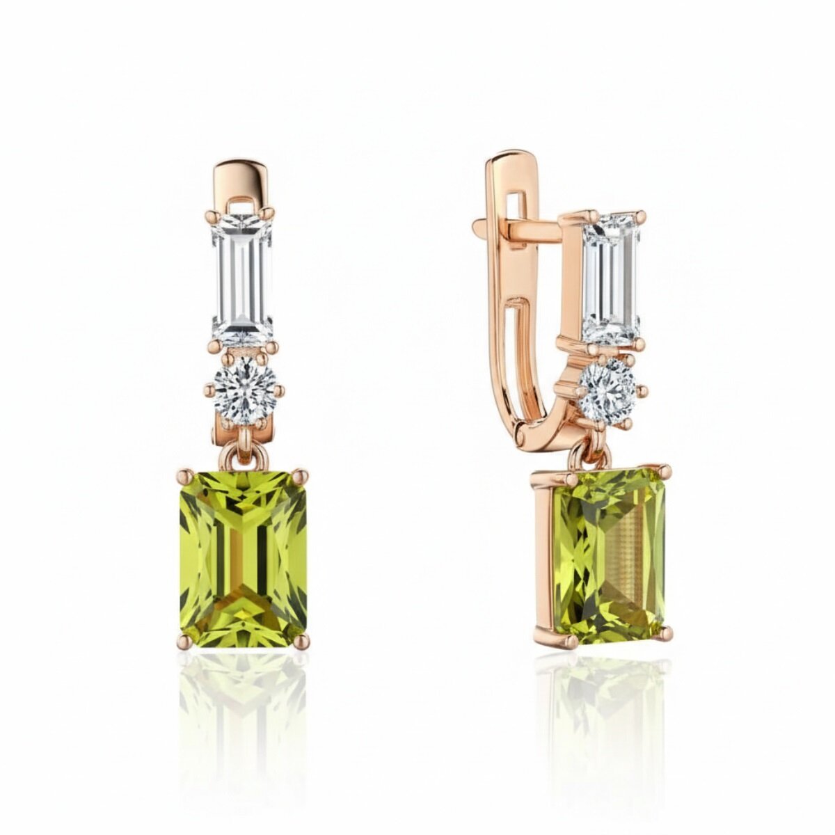 Серьги, красное золото, 585 проба, хризолит, фианит