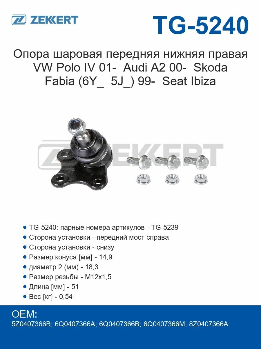 Zekkert Опора шаровая передняя нижняя правая Audi A2 с 2000 года Skoda Fabia (6Y_ 5J_) с 1999 года VW Fox с 2003 года Polo IV с 2001 года Se