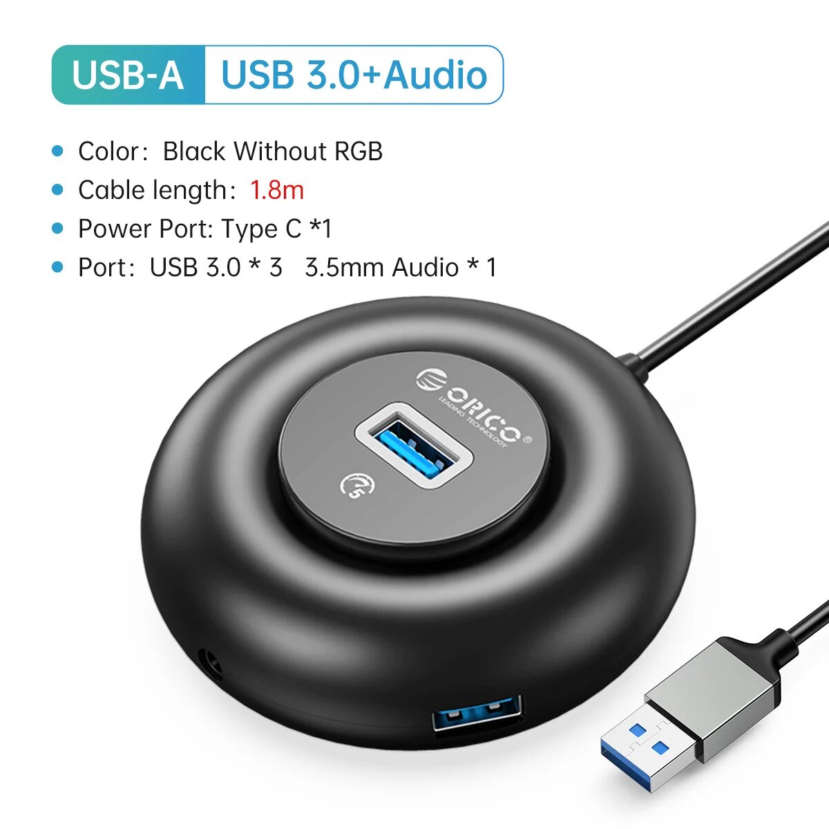 ORICO USB-хаб USB 3.0 + Audio, черный, 1.8м, Type-C