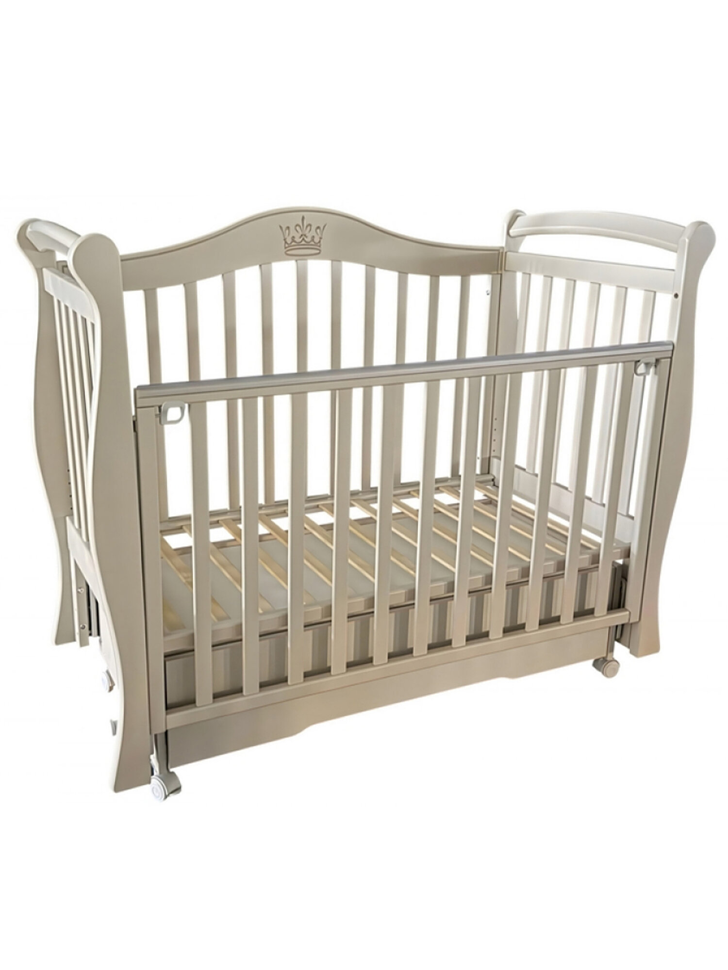 Кроватка детская для новорожденных Антел Julia-11 с универсальным маятником, колесами и ящиком, массив березы, кашемир