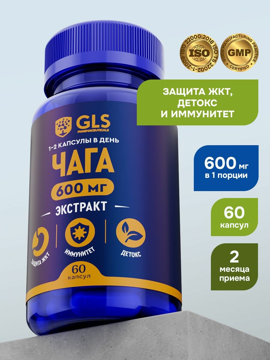 Чага комплекс с бета-каротином, бады / витамины для ЖКТ, кишечника и детокса, 60 капсул