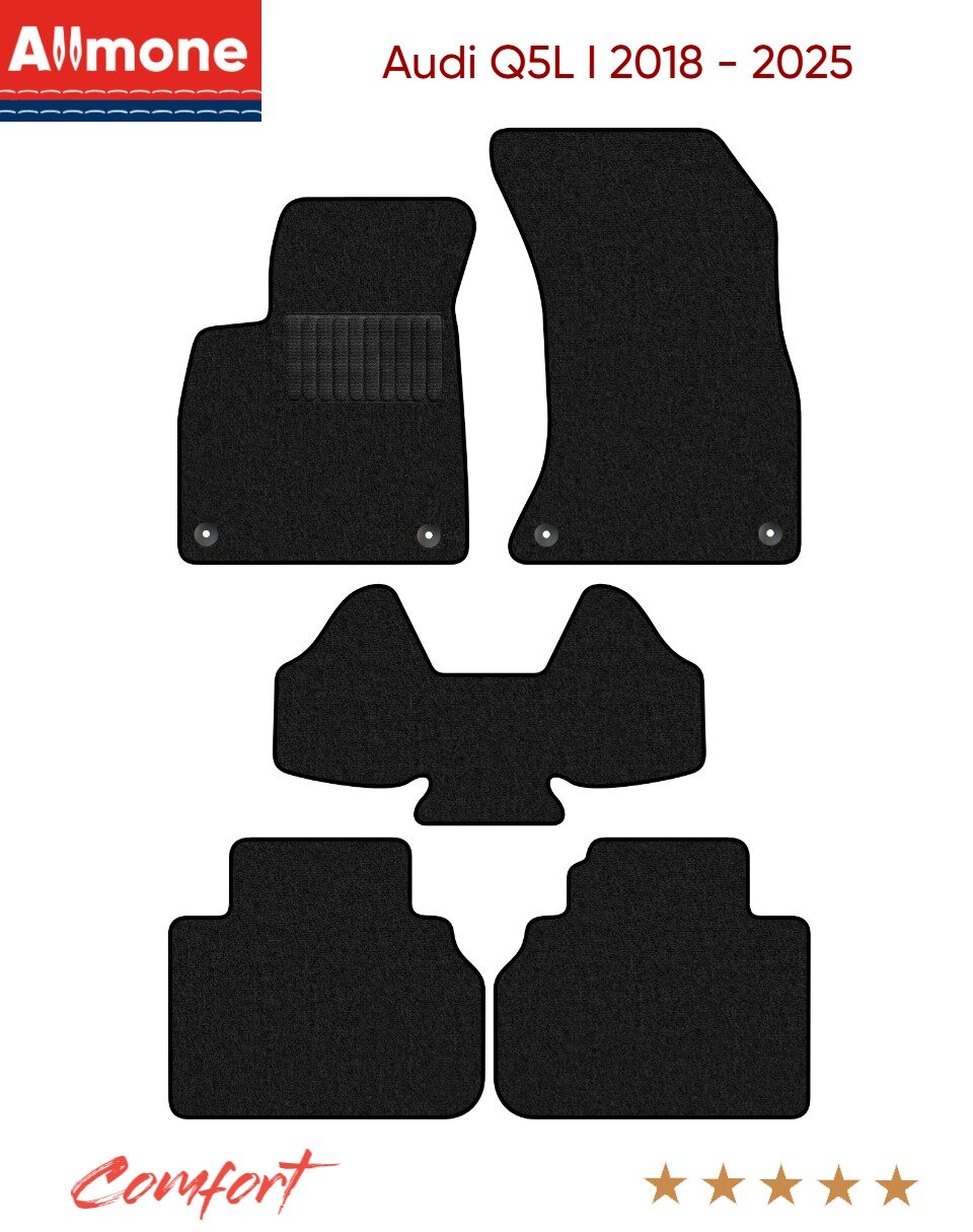 Ворсовые коврики для Audi Q5L 1 (FY) 2018 - 2025, черные, Allmone, "Комфорт" 5шт, / Ауди