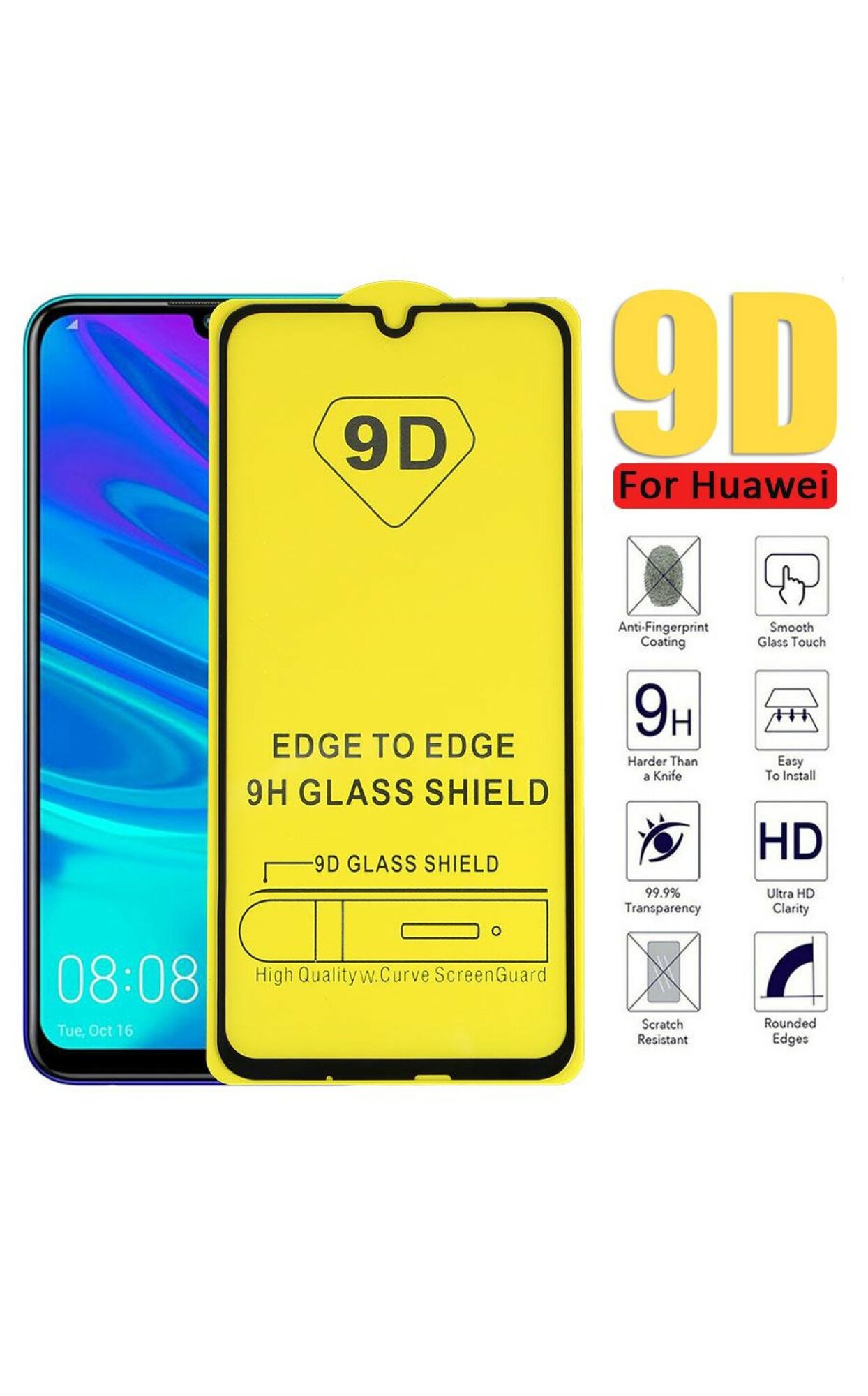 Защитное стекло для Huawei Honor 10 Lite, 10i, P Smart 2019 9D черная рамка, полная проклейка, 2 шт.