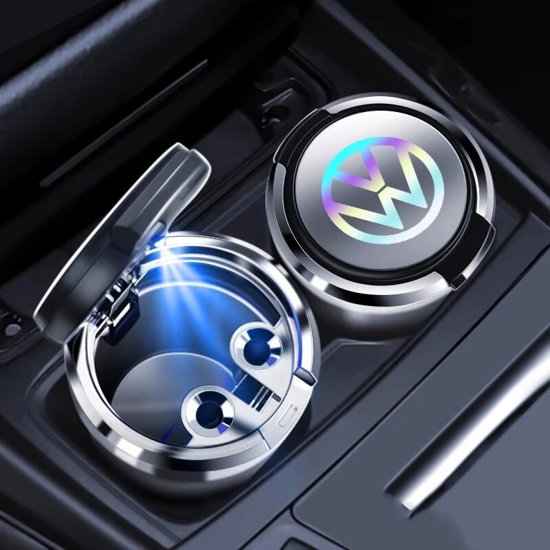 Портативная автомобильная пепельница-подстаканник с крышкой и LED-подсветкой для Volkswagen VW Golf, Motion, GTI, Touran, Polo (модель 2026 года)