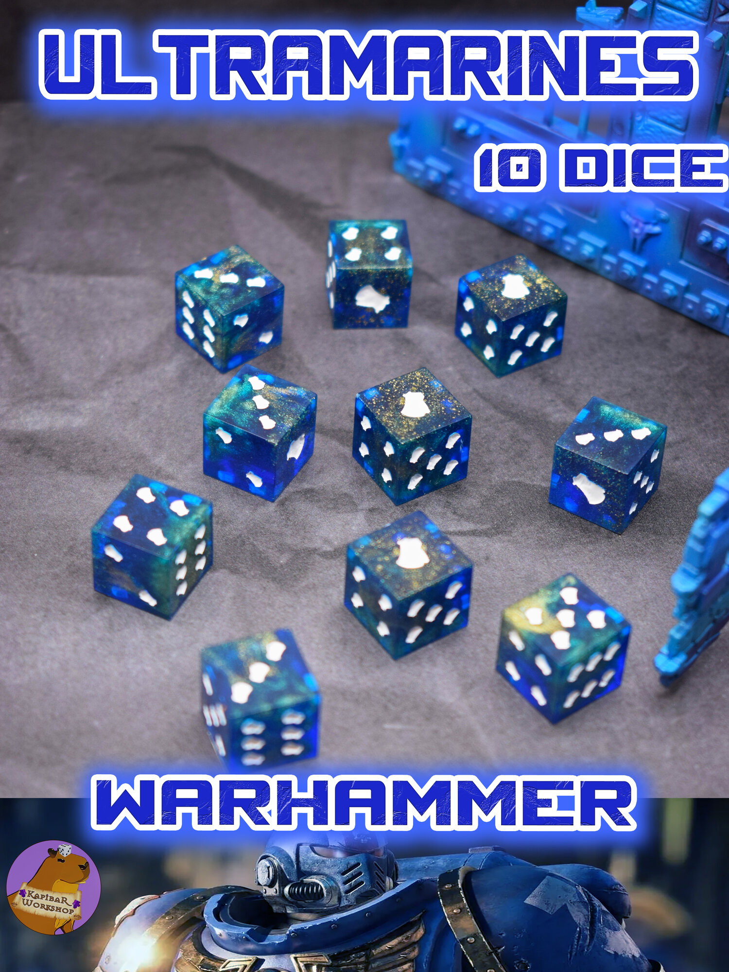 "Ultramarine" Дайсы Игральные кубики для настольных игр и варгеймов (Warhammer) 10 D6 15мм.