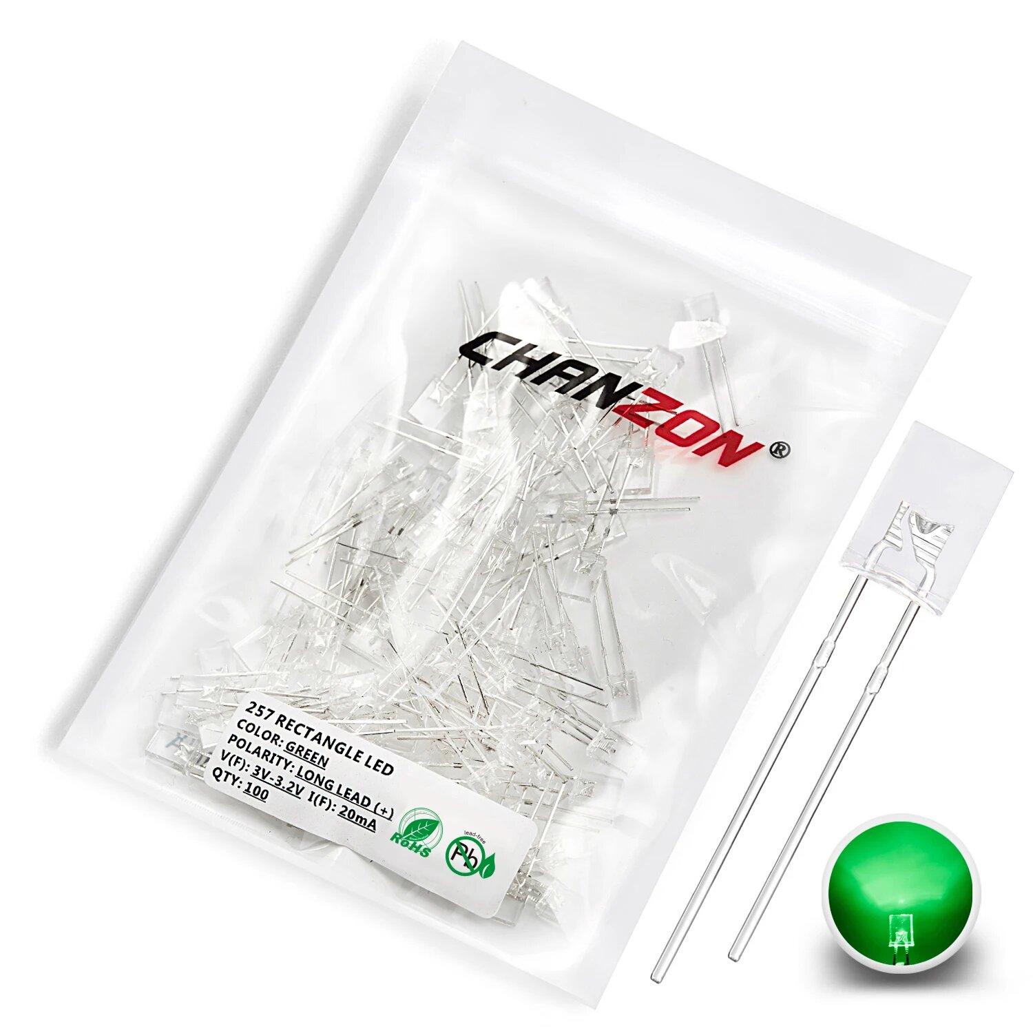 100 шт. Квадратные светодиоды CHANZON 2x5x7 мм Clear Lens Green