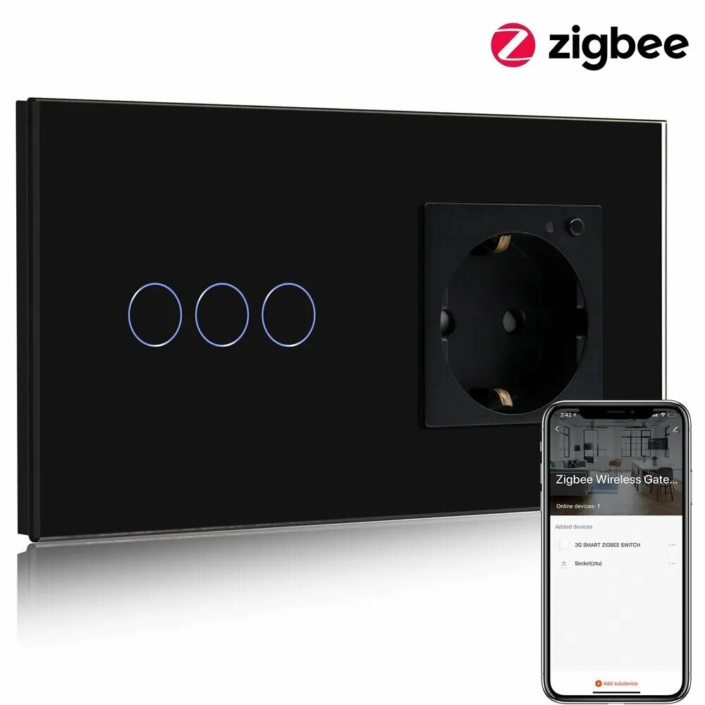 Сенсорный выключатель умный с розеткой с Zigbee, без нейтрали,3 клавиши 1 розетка, поддержкой Яндекс Алисой, голосовое управление, работает со шлюзом